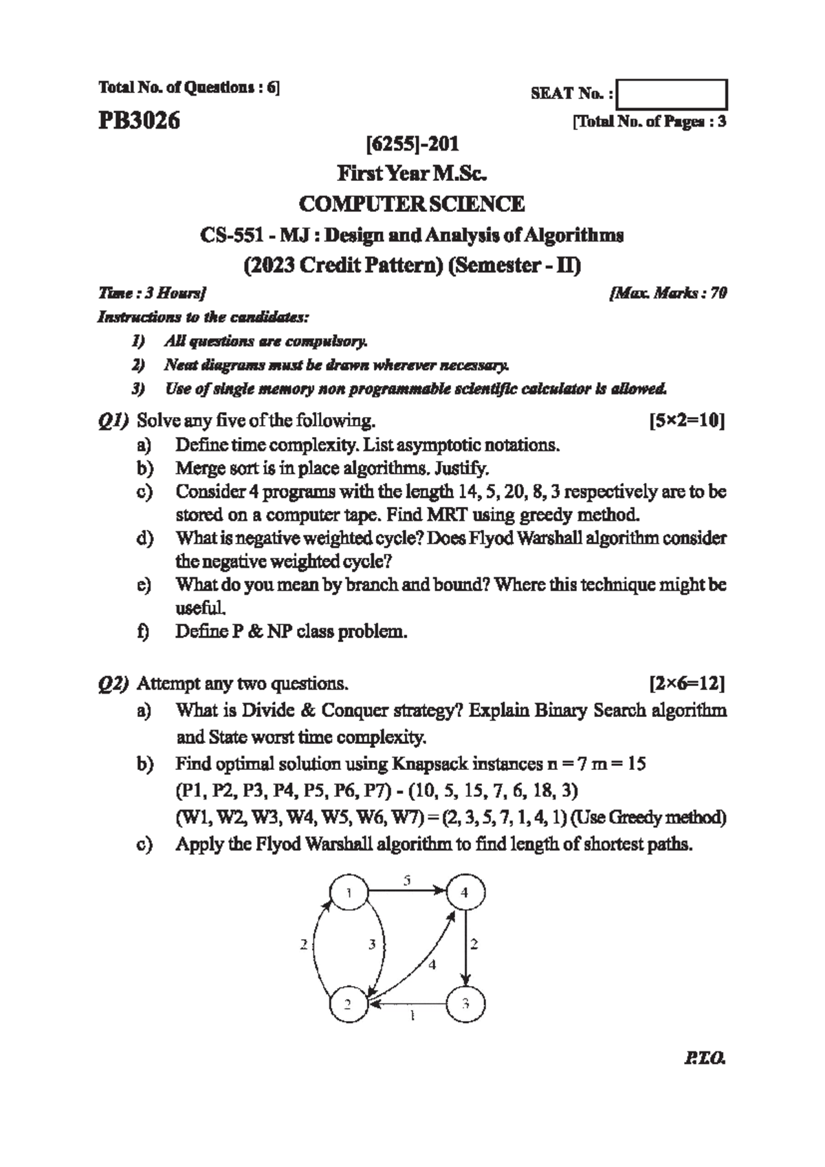 DAA-PB3026 - Question Paper for Design & Analysis of Algorithms (Apr ...