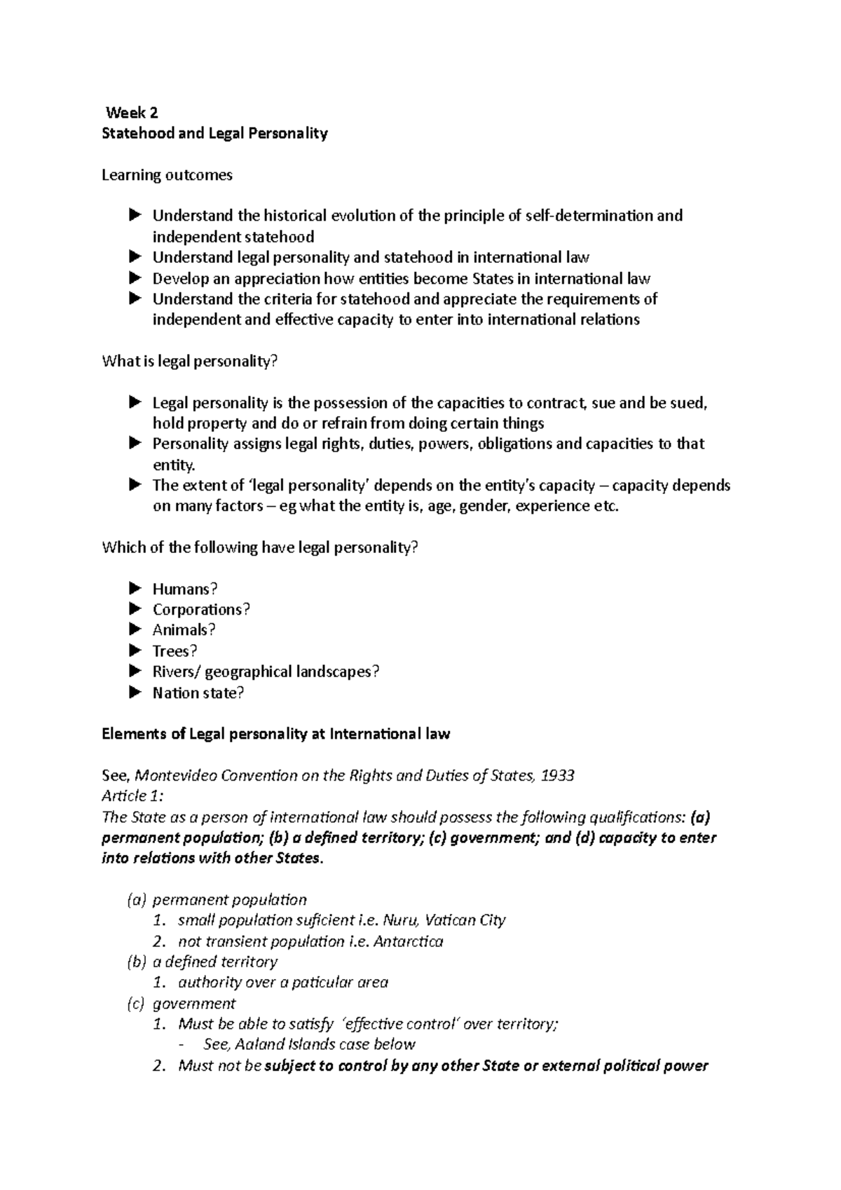 Public International Law - Week 2 - Week 2 Statehood and Legal ...