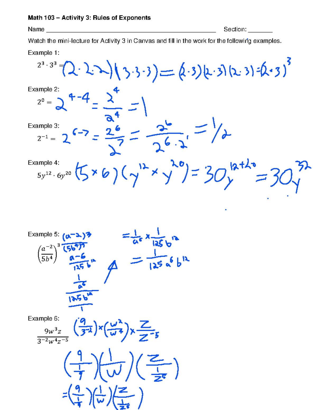Activity 3 - Rules of Exponents - Math 103 – Activity 3: Rules of ...