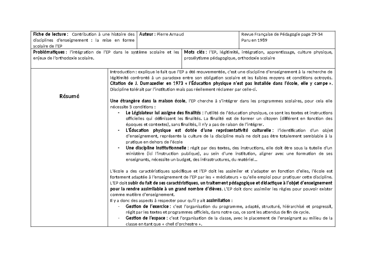 Fiche de lecture Pierre Arnaud Contribution - Fiche de lecture ...