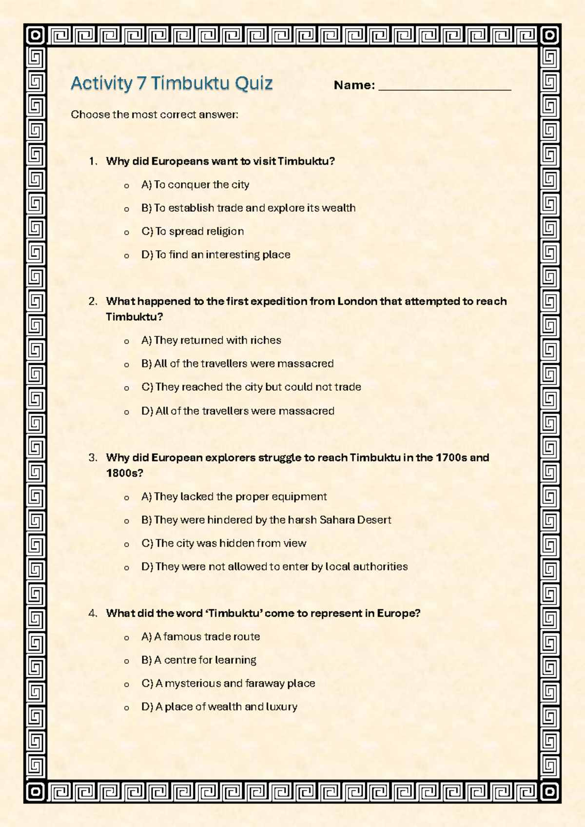 Timbuktu Quiz (Grade 7) - Activity 7 Questions and Answers - Studocu