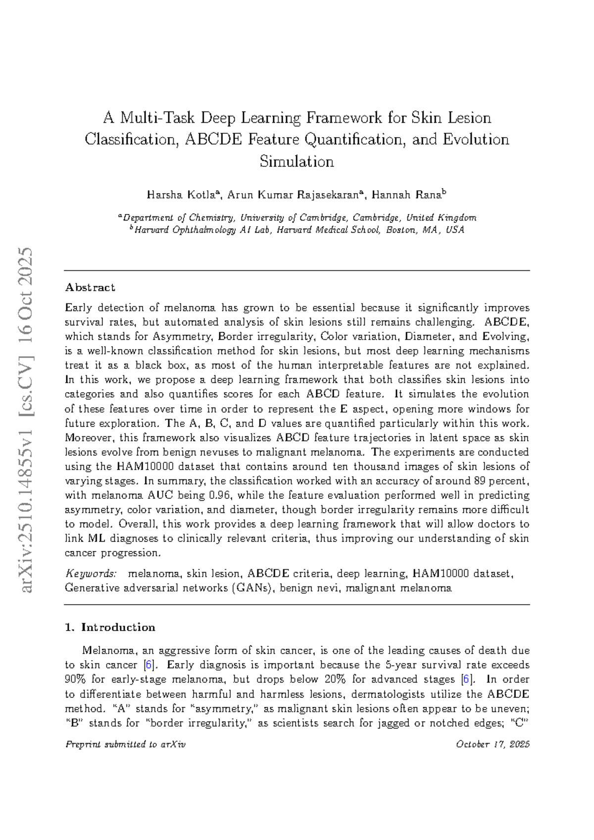 Deep Learning Framework for ABCDE Quantification in Skin Lesions - Studocu