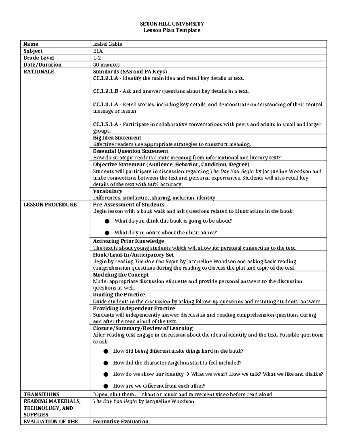 SETON HILL UNIVERSITY ELA Lesson Plan Template for "The Day You Begin ...