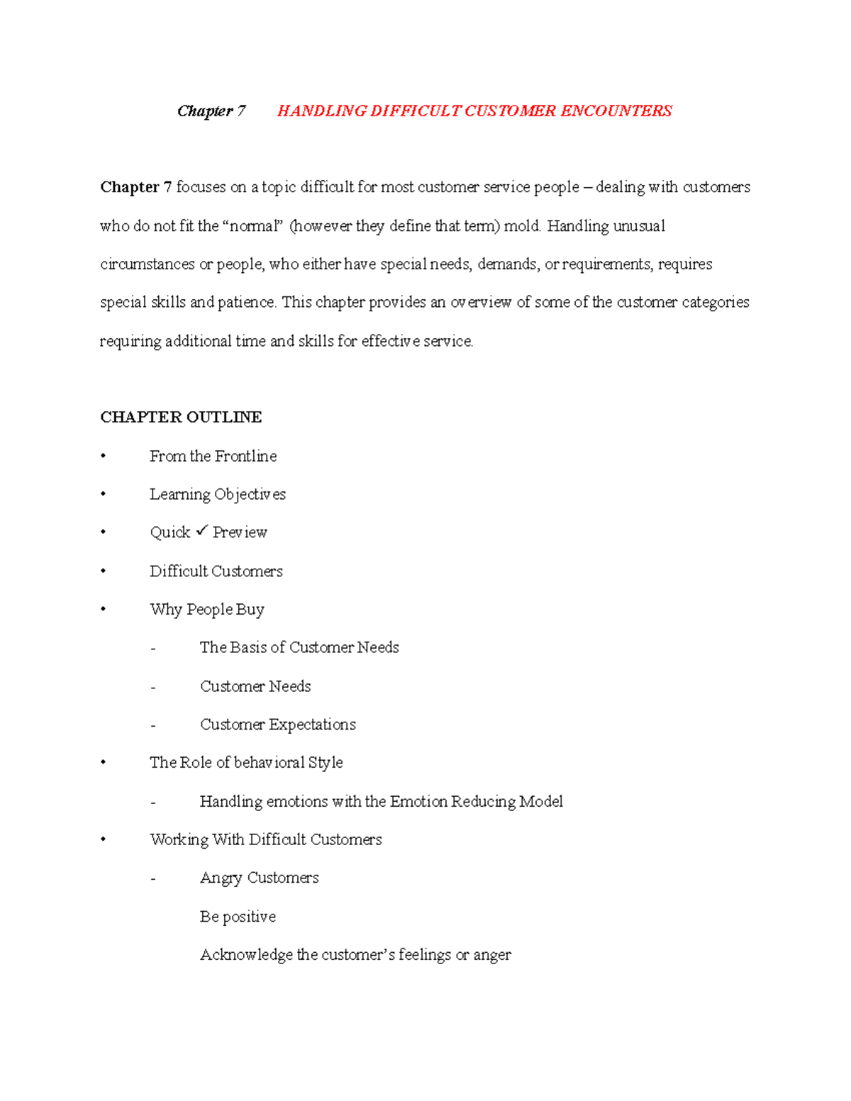 Ch07 Handling Difficult Customer Encounters - Chapter 7 HANDLING ...