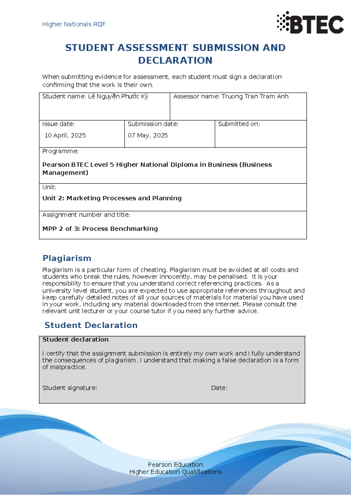 BTEC HND Business Mgt Unit 2 MPP Submission Declaration Form - Studocu