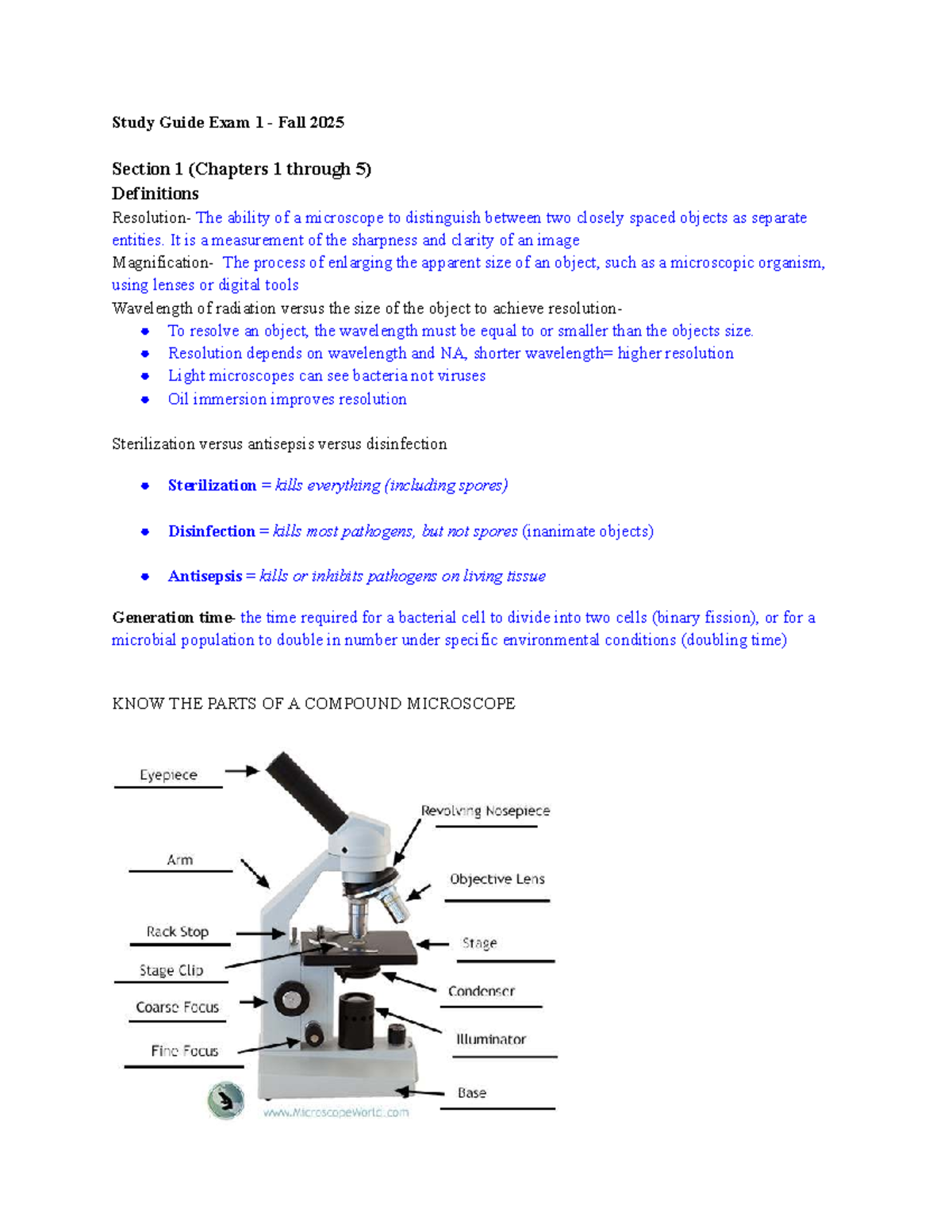 Microbiology Study Guide Exam 1 (Chapters 1-11) - Fall 2025 - Studocu