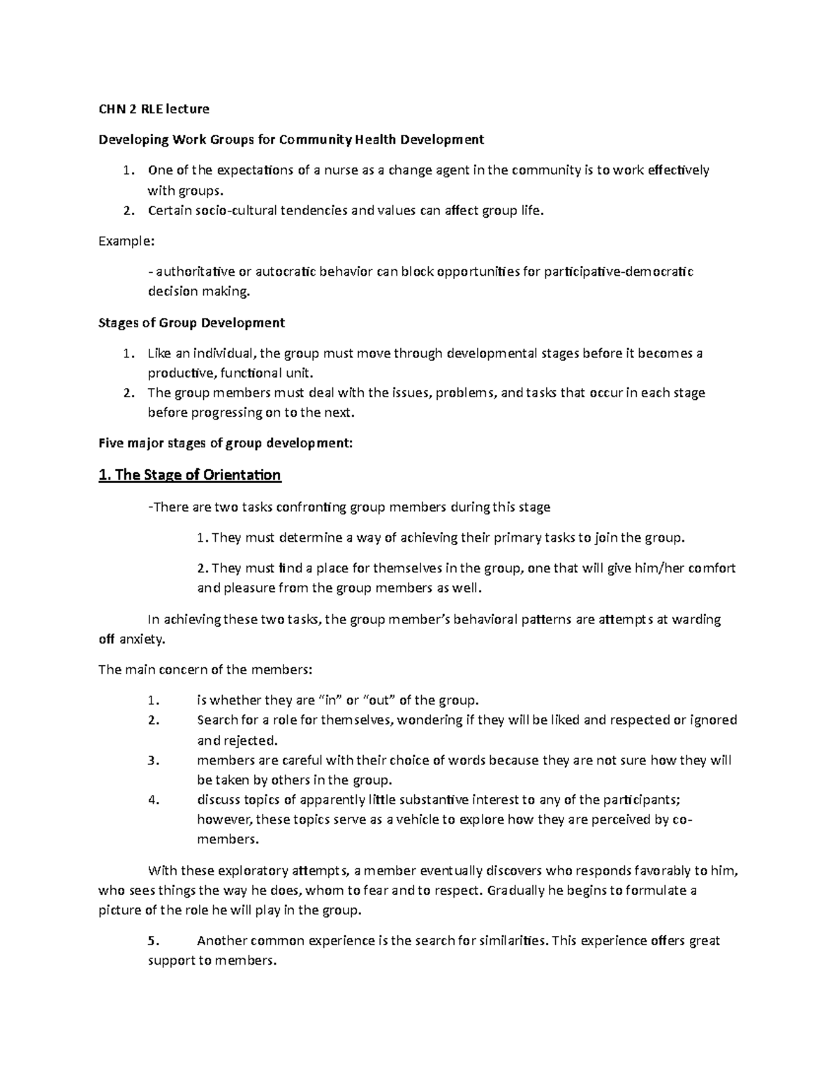 CHN 2 RLE Lecture: Stages of Group Development in Community Health ...