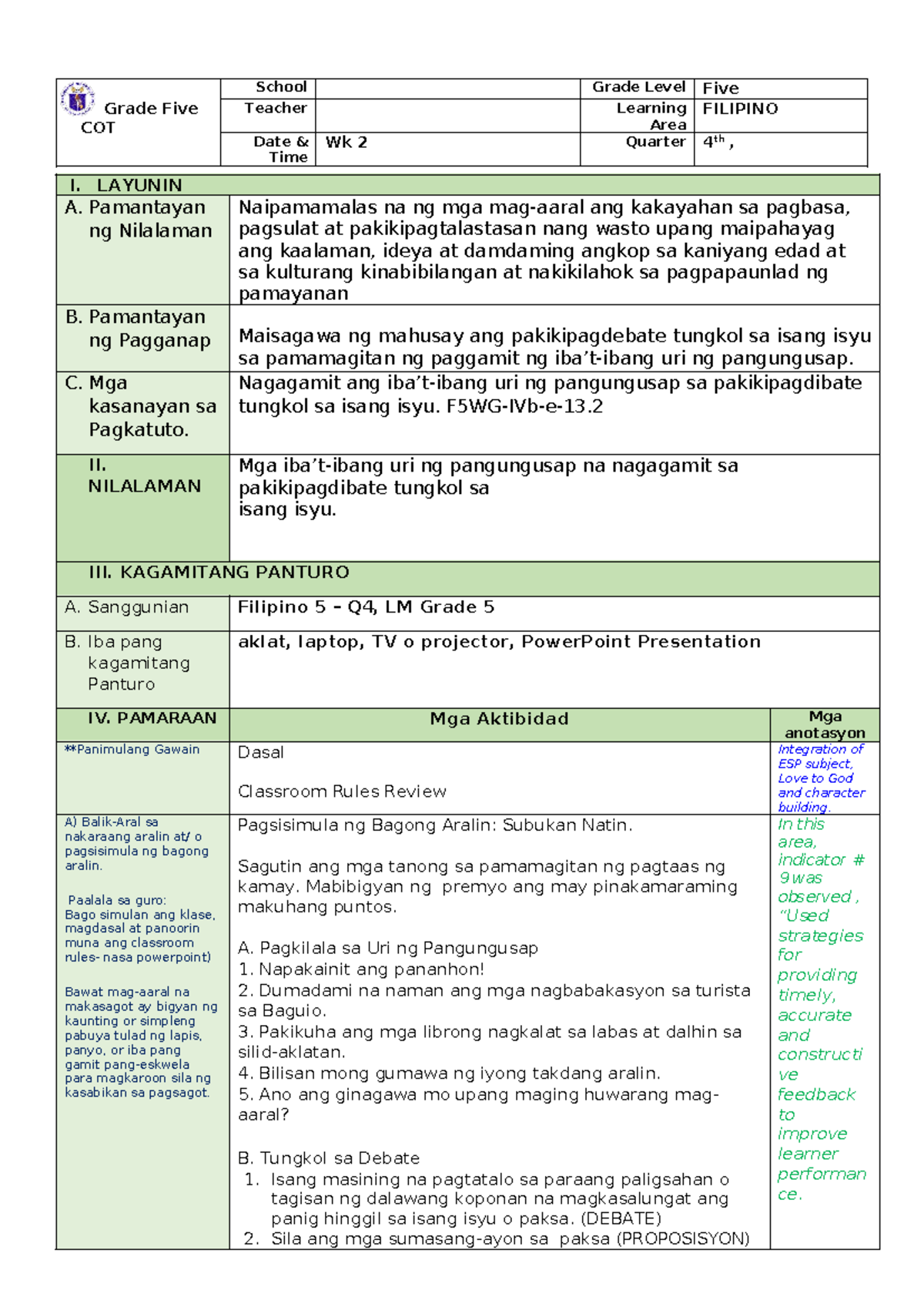 Fil 5 Q4 W2 Mga Uri ng Pangungusap sa Pakikipagdebate sa Isyu - Studocu