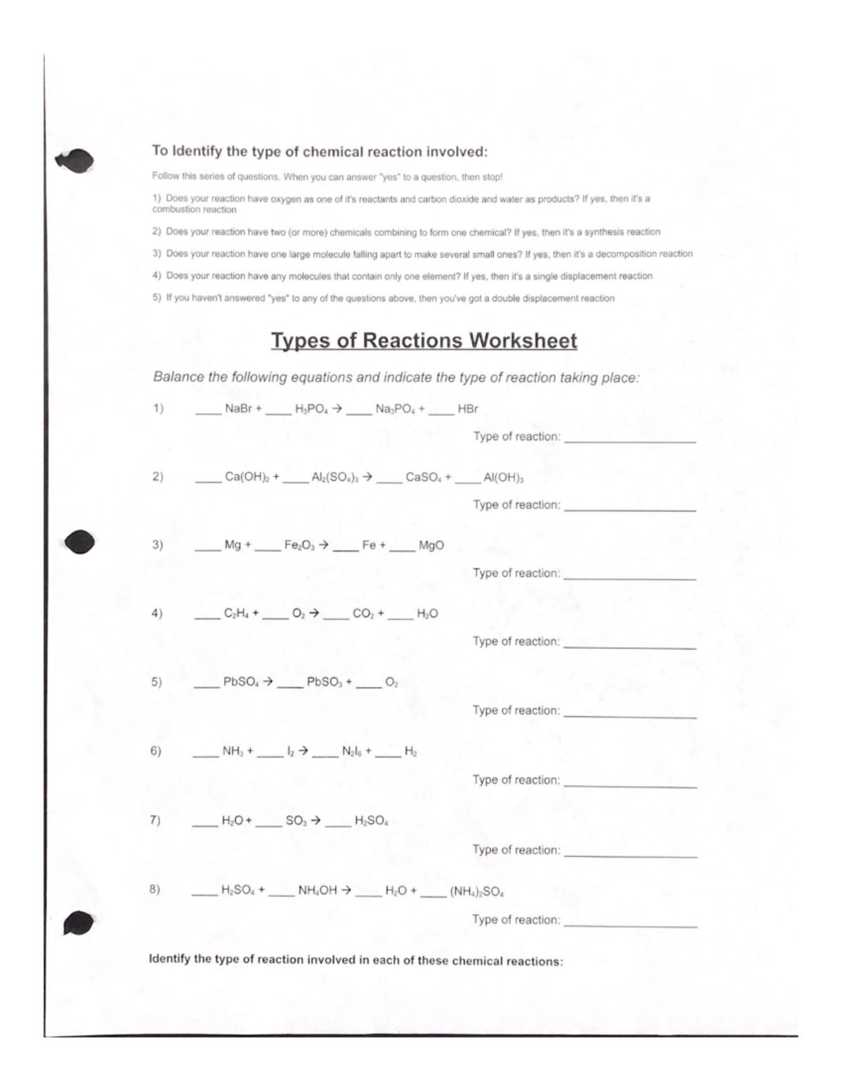 Types and Balancing of Chemical Reactions Review - Studocu