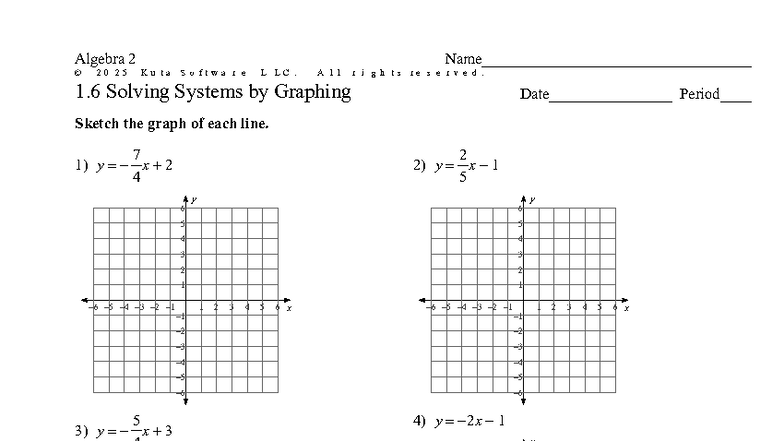 Algebra 2 Worksheet: 1.6 Solving Systems by Graphing - Studocu