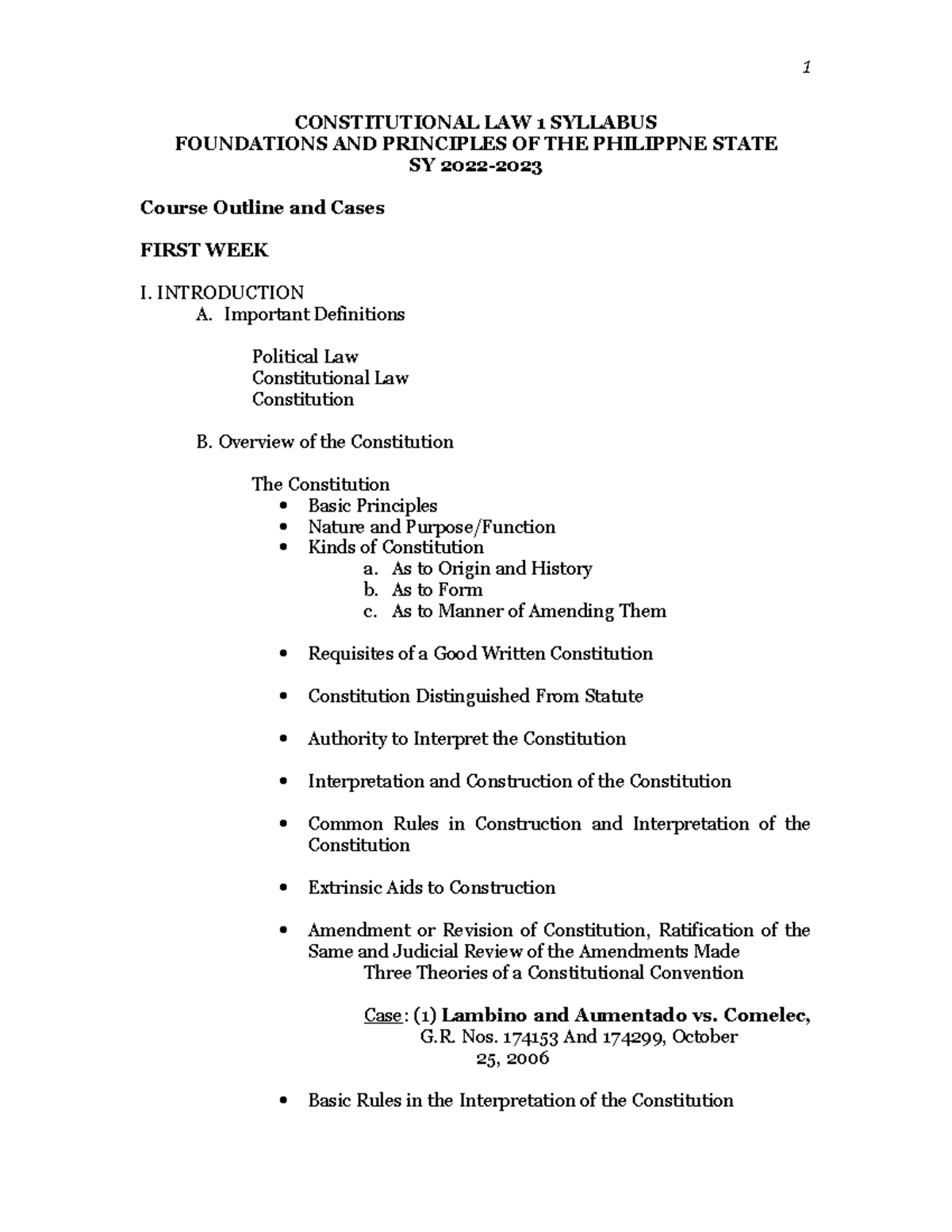 Constitutional Law 1 (Consti 1) SY 2022-2023 Course Syllabus - Studocu