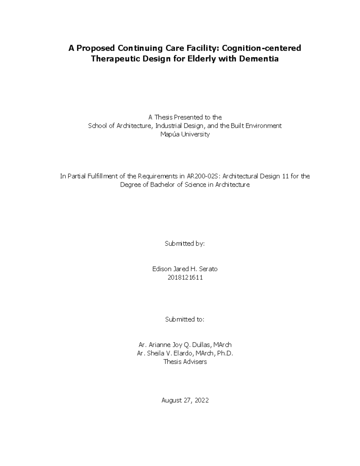 Sample Thesis Cover Page Format - A Proposed Continuing Care Facility ...