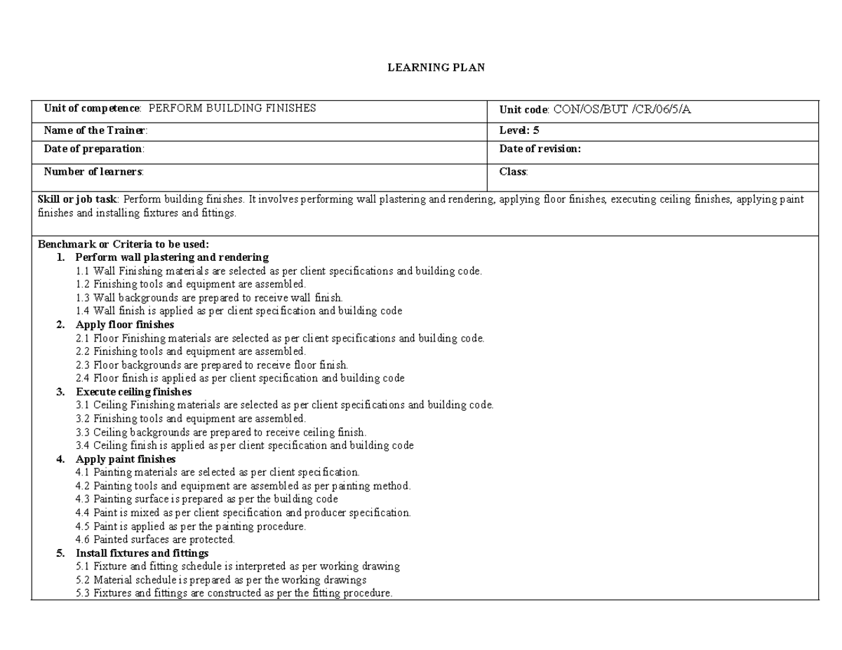 Learning Plan: Perform Building Finishes (Level 5) - Studocu