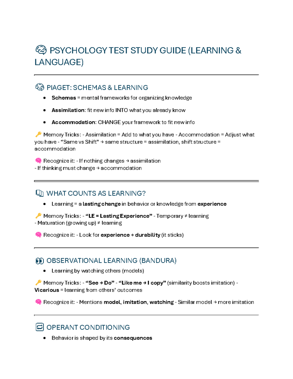 PSY 101 Final Exam Study Guide: Learning Theories & Memory Tricks - Studocu