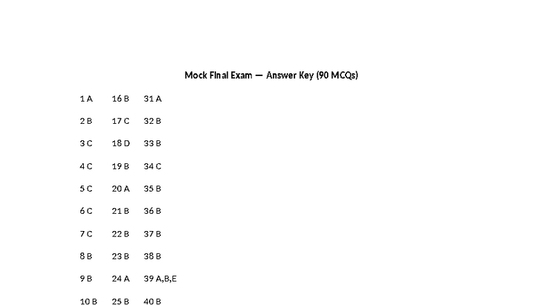 Mock Final Exam 90 MCQs - Answer Key (1A) - Studocu