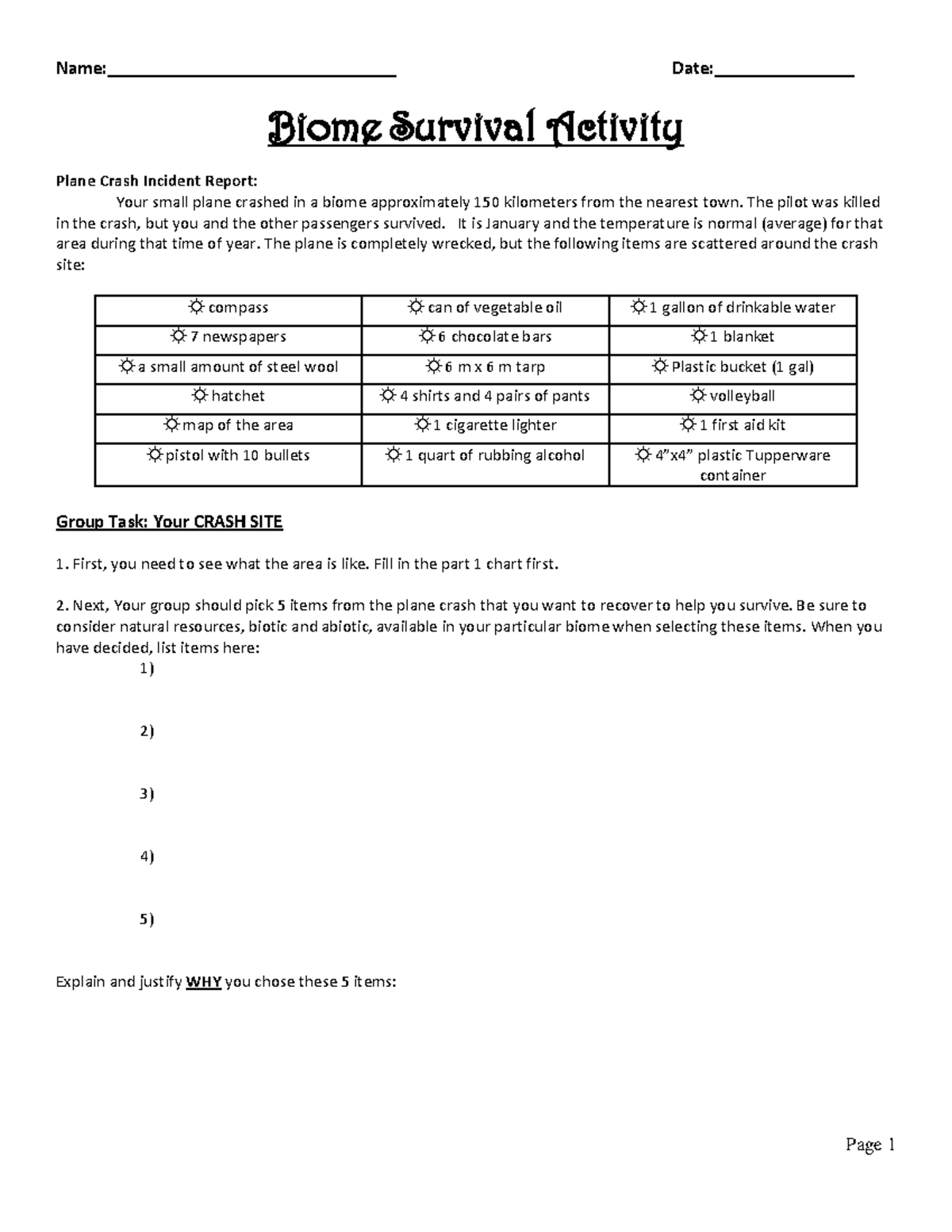 Biome Survival Project - Name:_______________________________ Date ...