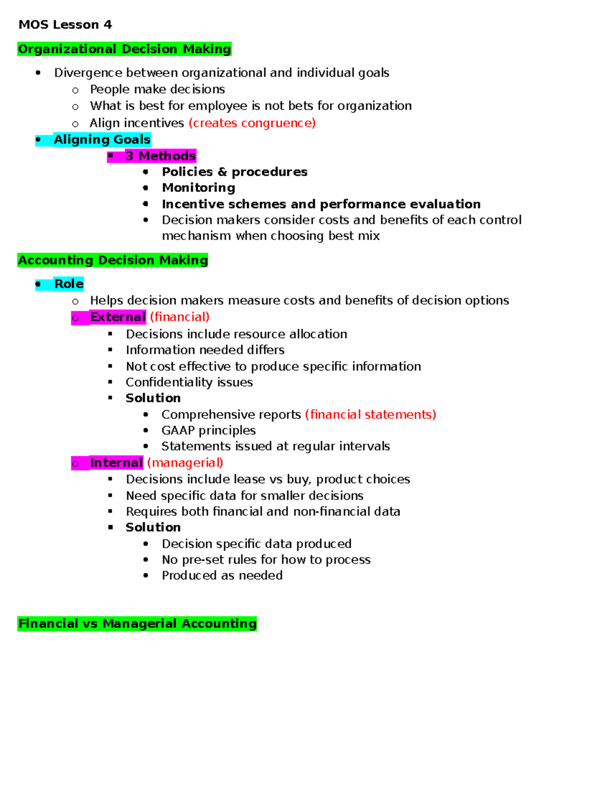 MOS 1023 Midterm Notes: Organizational Decision Making & Accounting ...