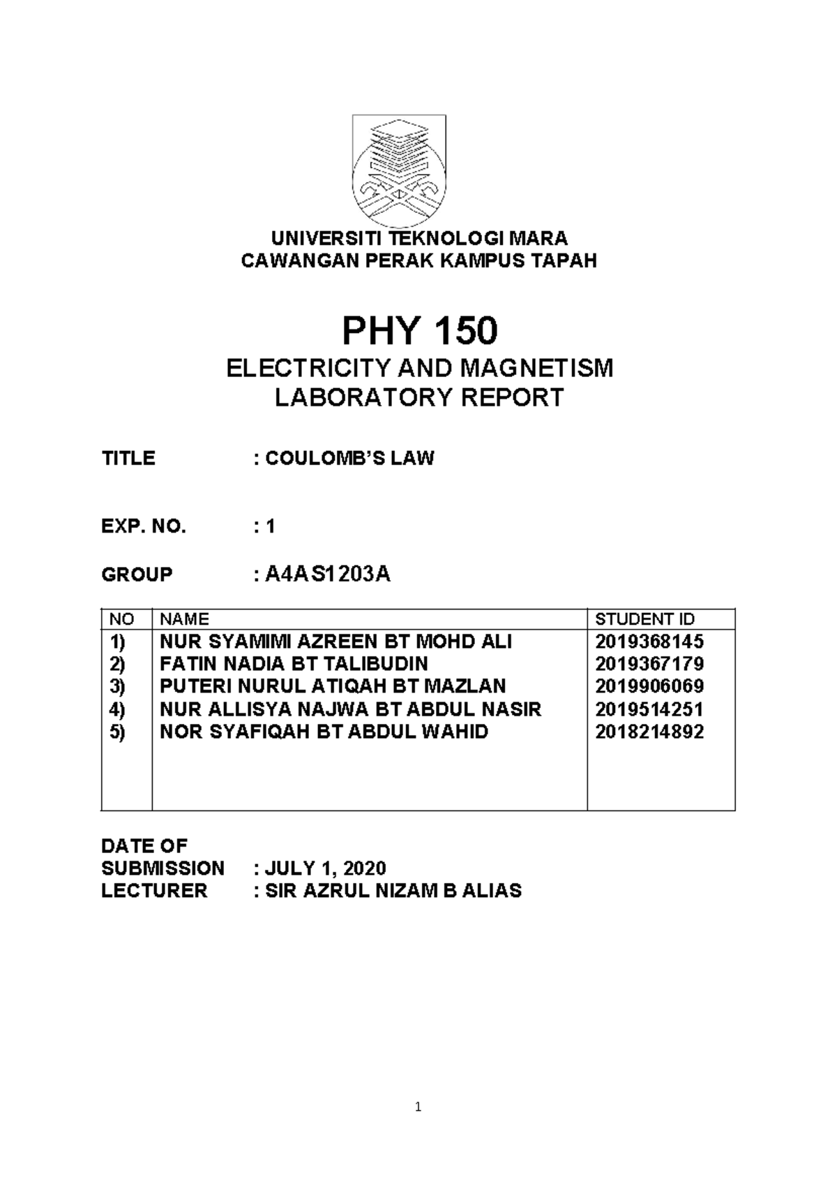 Pdfcoffee - Example of lab report for experiment 1, PHY150 - optic and ...