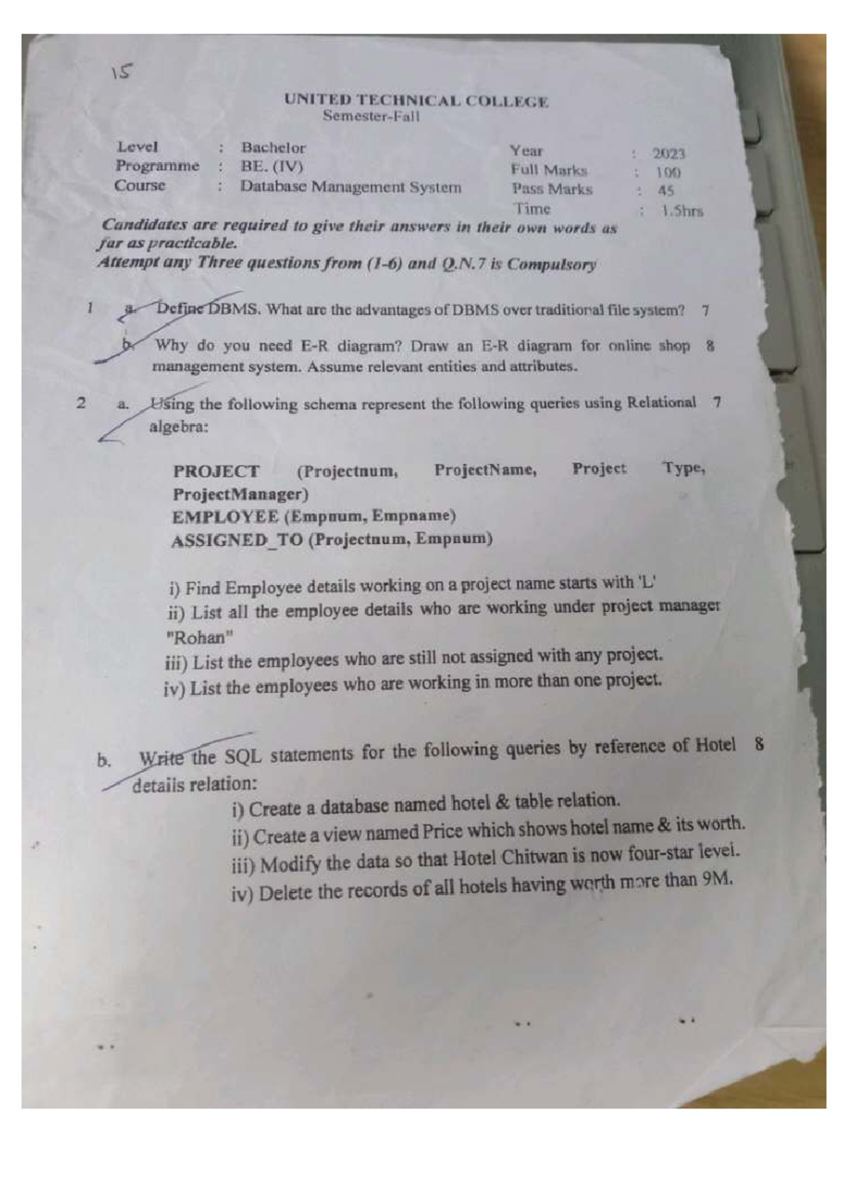 DBMS (Database Management System) Exam Questions - BE (IV) 2023 - Studocu
