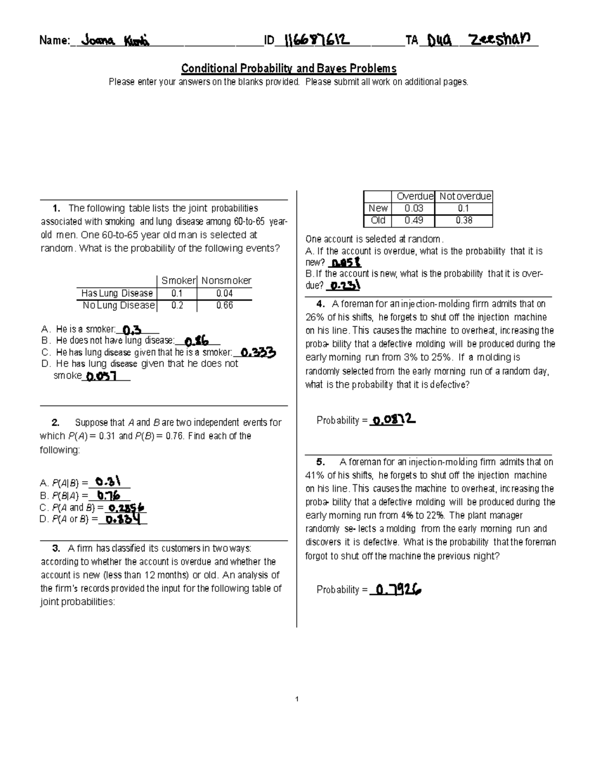 Bayes Homework 3: Joint Probabilities and Conditional Analysis - Studocu