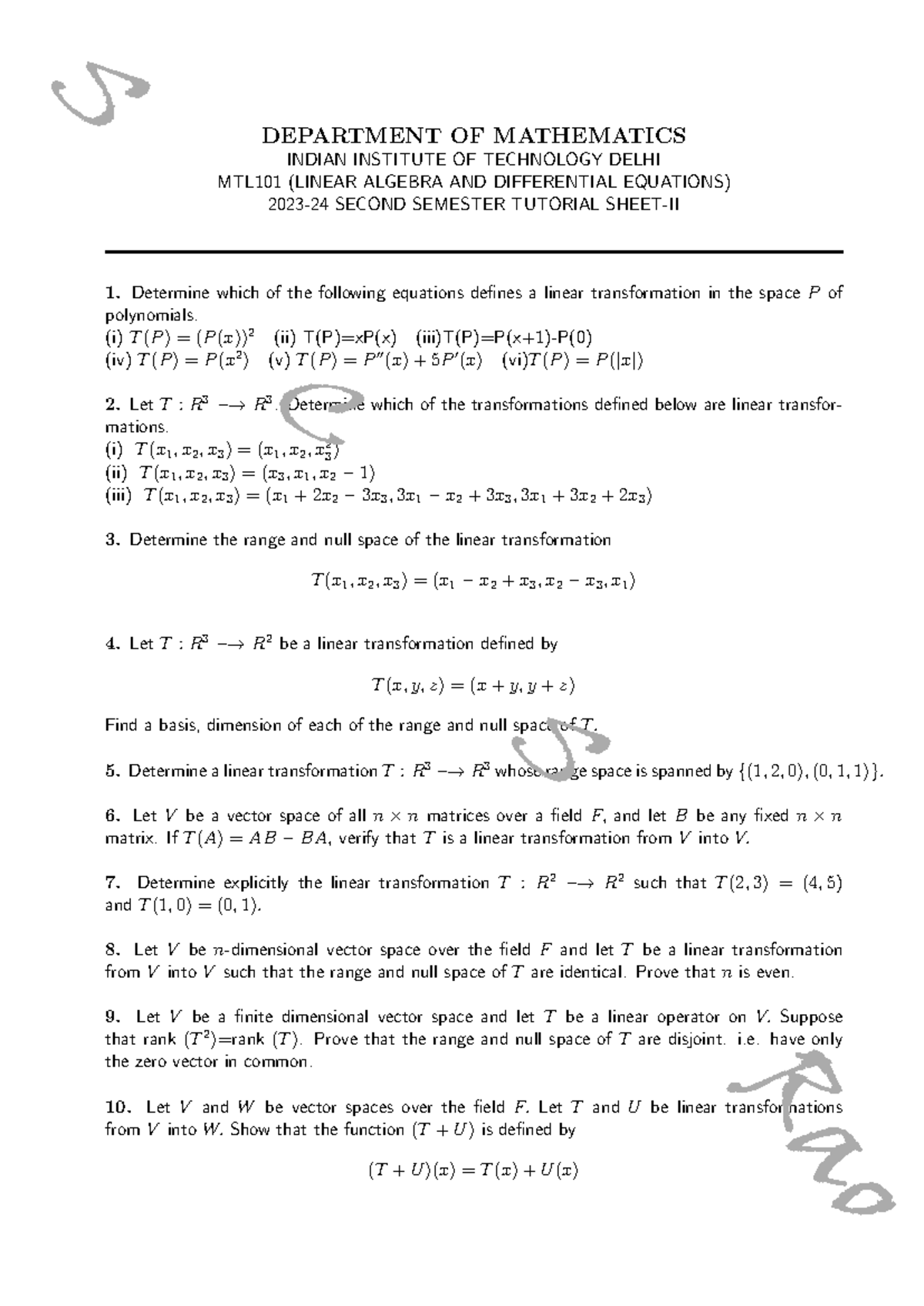 MTL101 Linear Algebra & Differential Equations - Tutorial Sheet 2 - Studocu