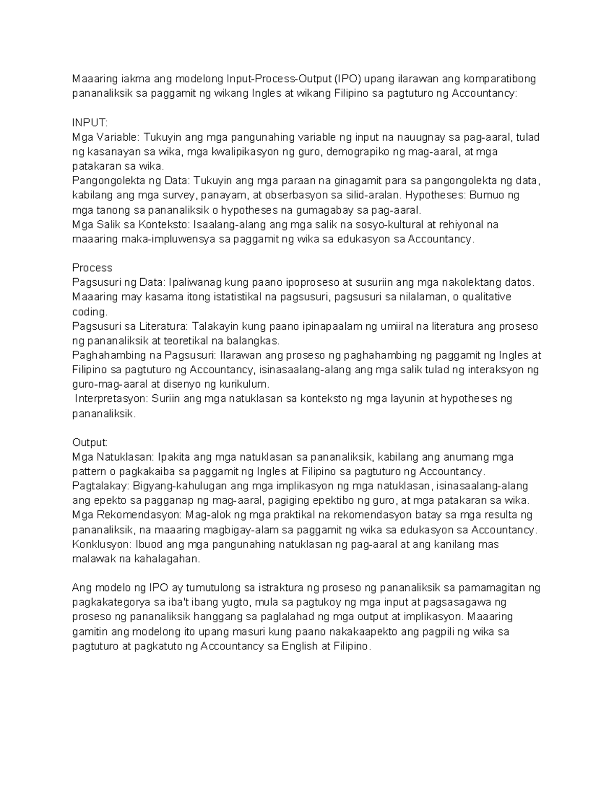 IPO Model sa Paghahambing ng Wika sa Pagtuturo ng Accountancy - Studocu