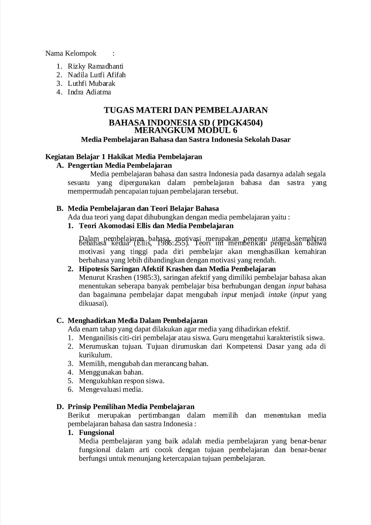 Rangkuman Modul 6: Media Pembelajaran Bahasa Indonesia SD (PDGK4504 ...