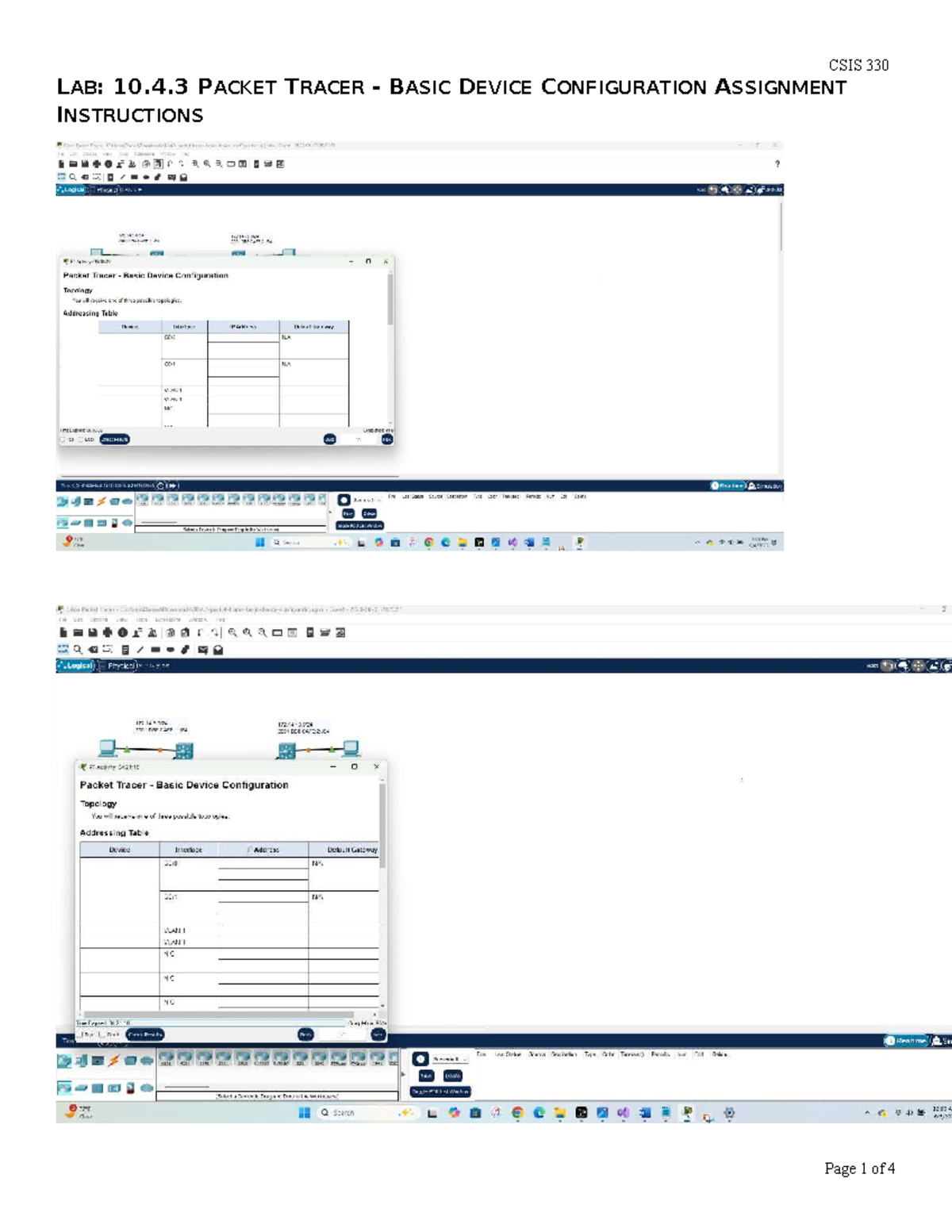 CSIS 330 Lab: 10.4.3 Packet Tracer Basic Device Config Instructions - Studocu
