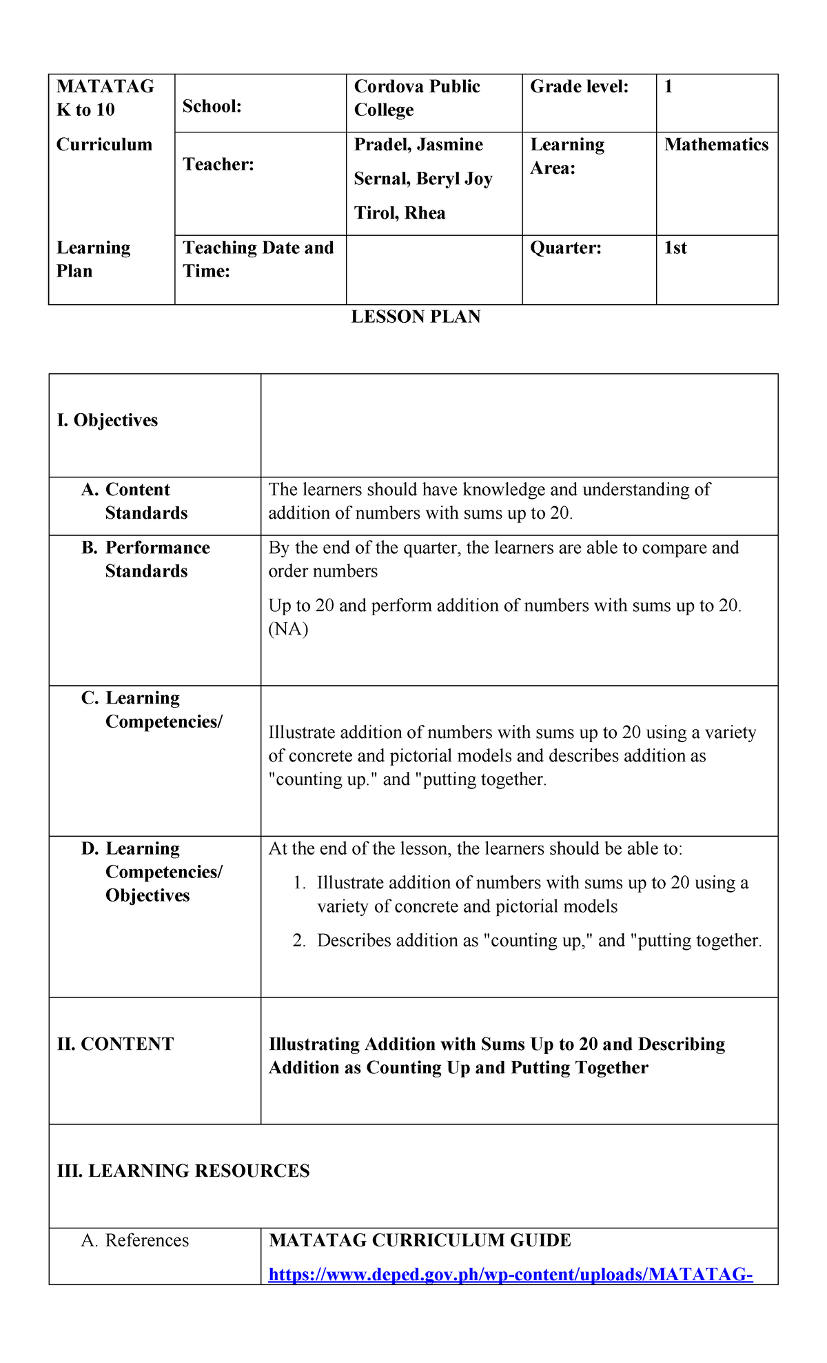 MATATAG K to 10 Math Lesson Plan: Addition with Sums Up to 20 - Studocu