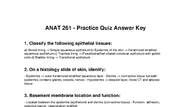 ANAT 261 Histology Quiz Practice Answer Key - Studocu
