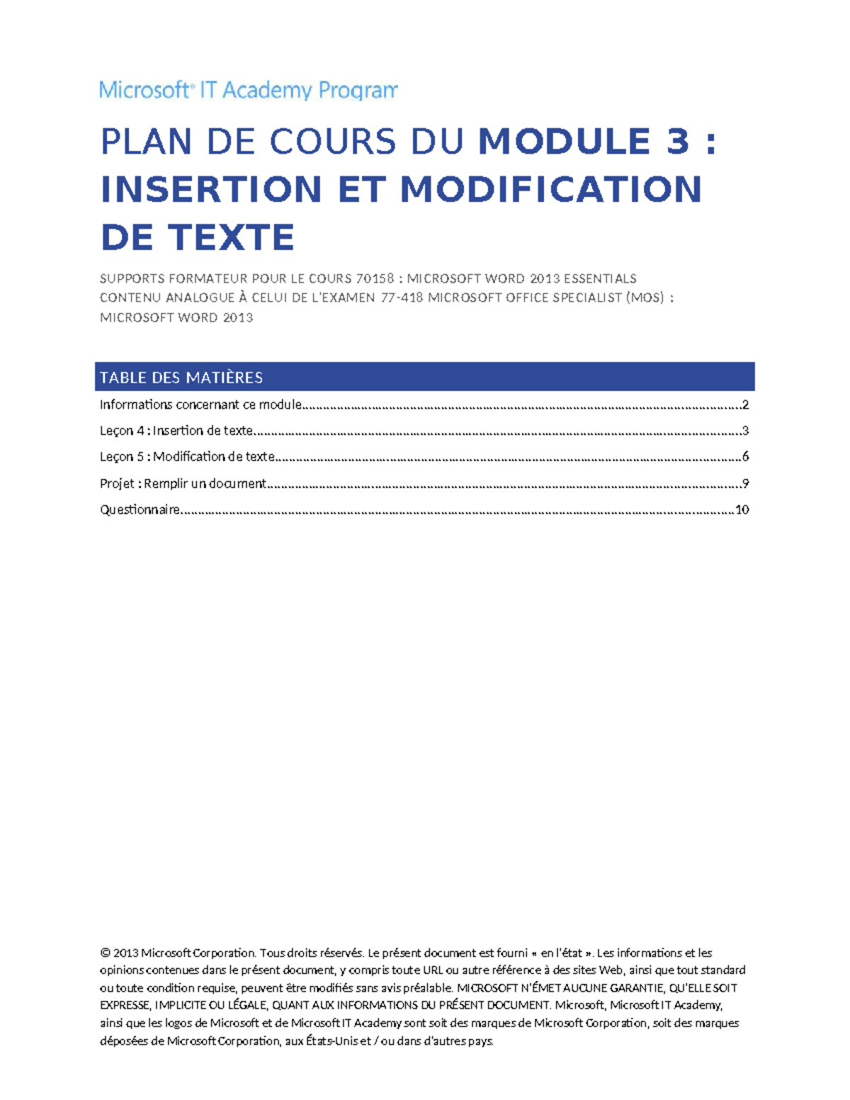 ITA 70158 03 Plan de Cours : Insertion et Modification de Texte - Studocu