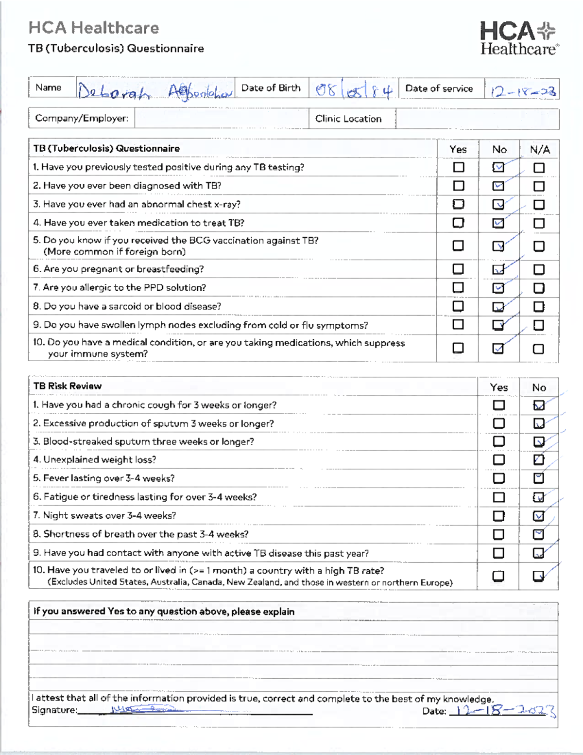 HCA TB Questionnaire - Patient Assessment for Tuberculosis Risk - Studocu