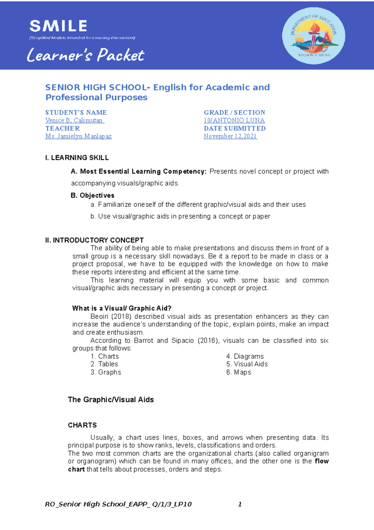 EAPP Grade 11-12 S1 Q1-3 Lesson Plan on Visual Aids - Studocu