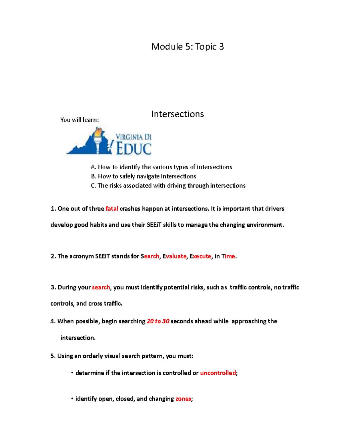Module 5: Topic 3 Intersections - Guided Notes on Safe Navigation - Studocu