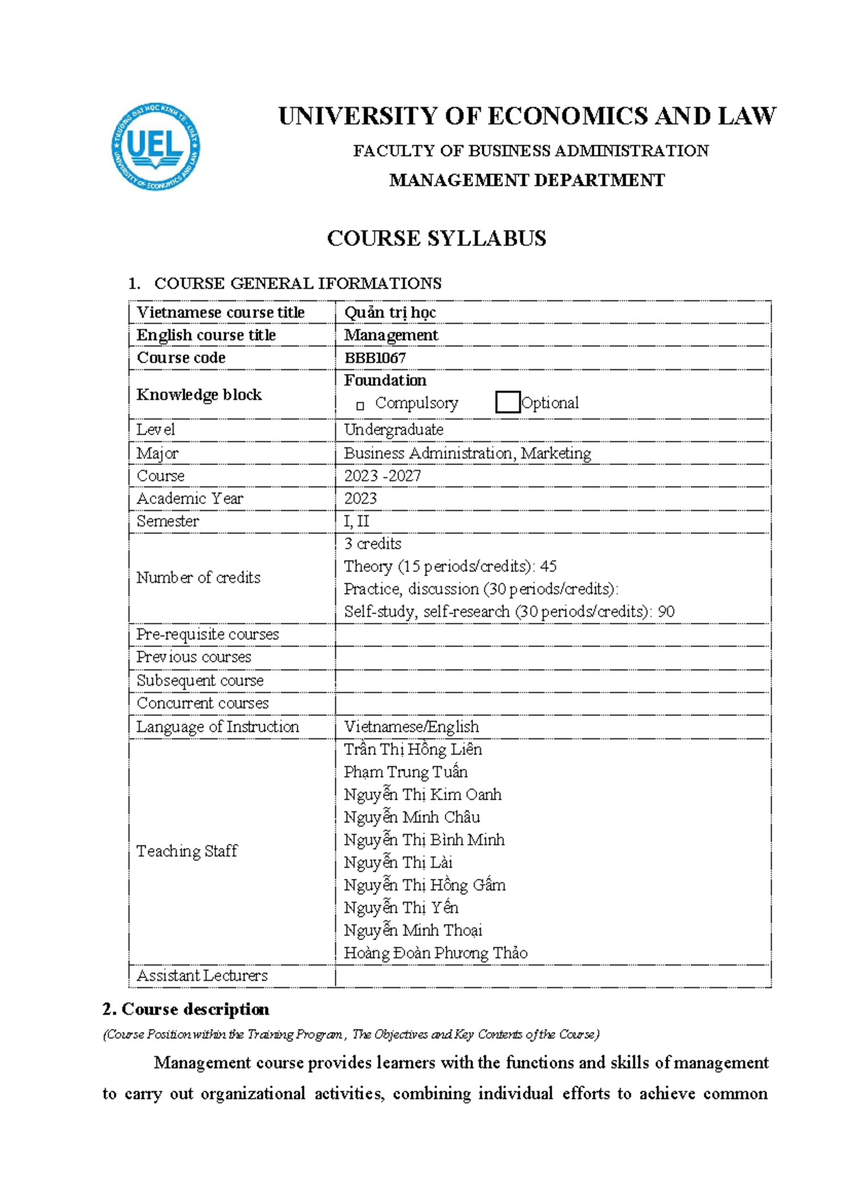 Syllabus for Management Course (BUS 2023) - Faculty of Business ...