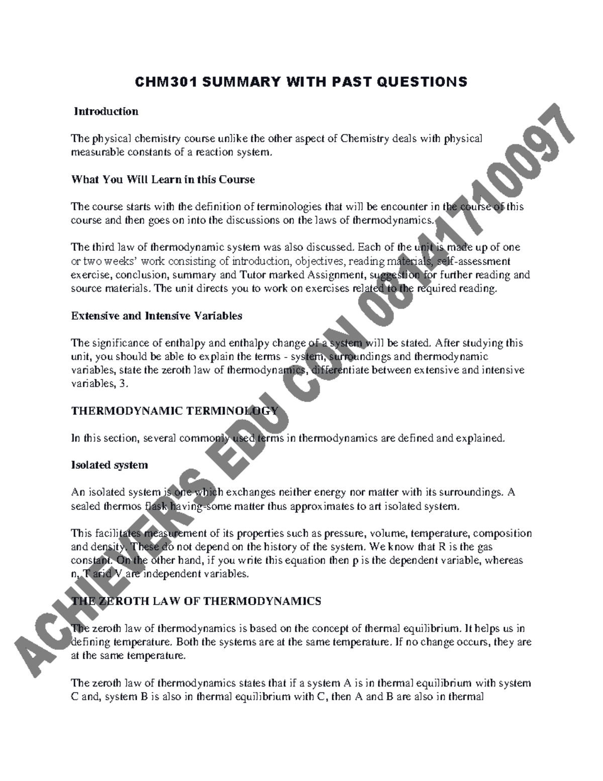 CHM301 Physical Chemistry Summary & Past Exam Questions - Studocu