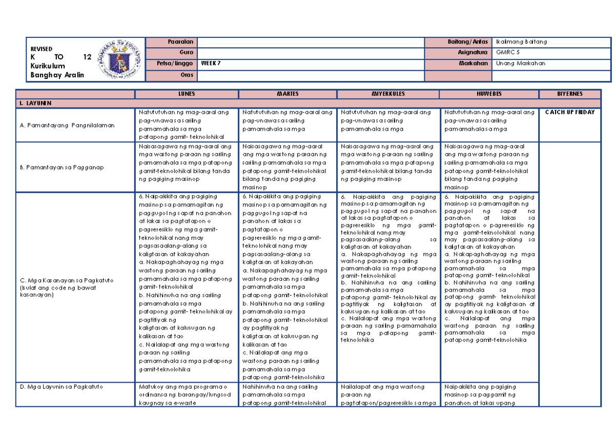 GMRC 5-DLL-Q1-W7 - Daily Lesson Plan on Waste Management - Studocu