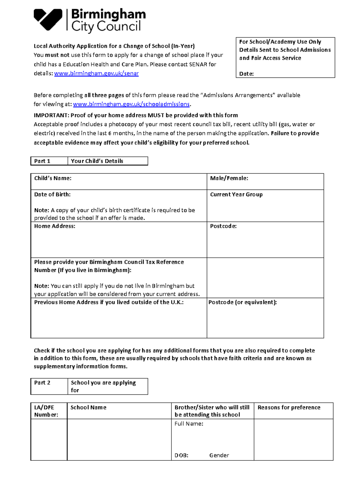 Application for In-Year School Change - Local Authority Form - Studocu