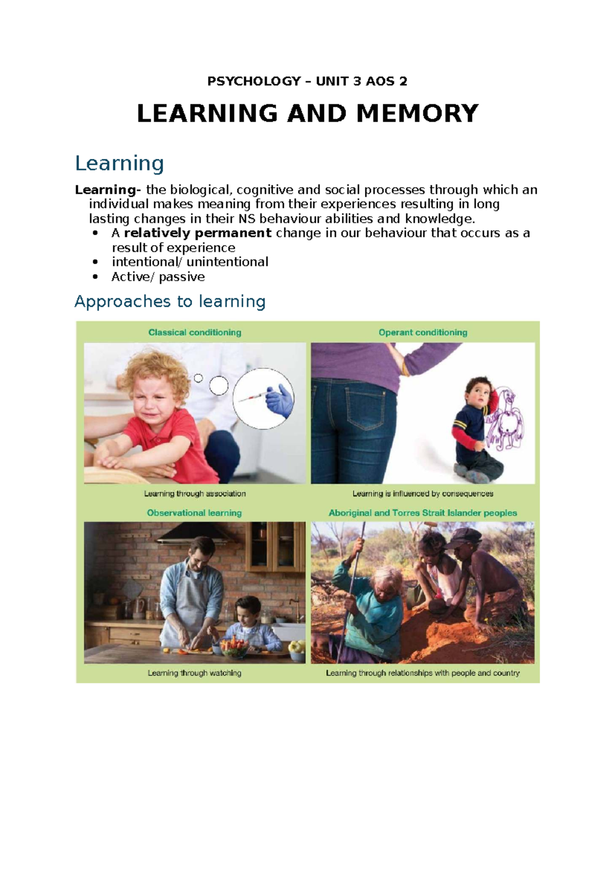 PSYCHOLOGY UNIT 3 AOS 2: LEARNING AND MEMORY OVERVIEW - Studocu