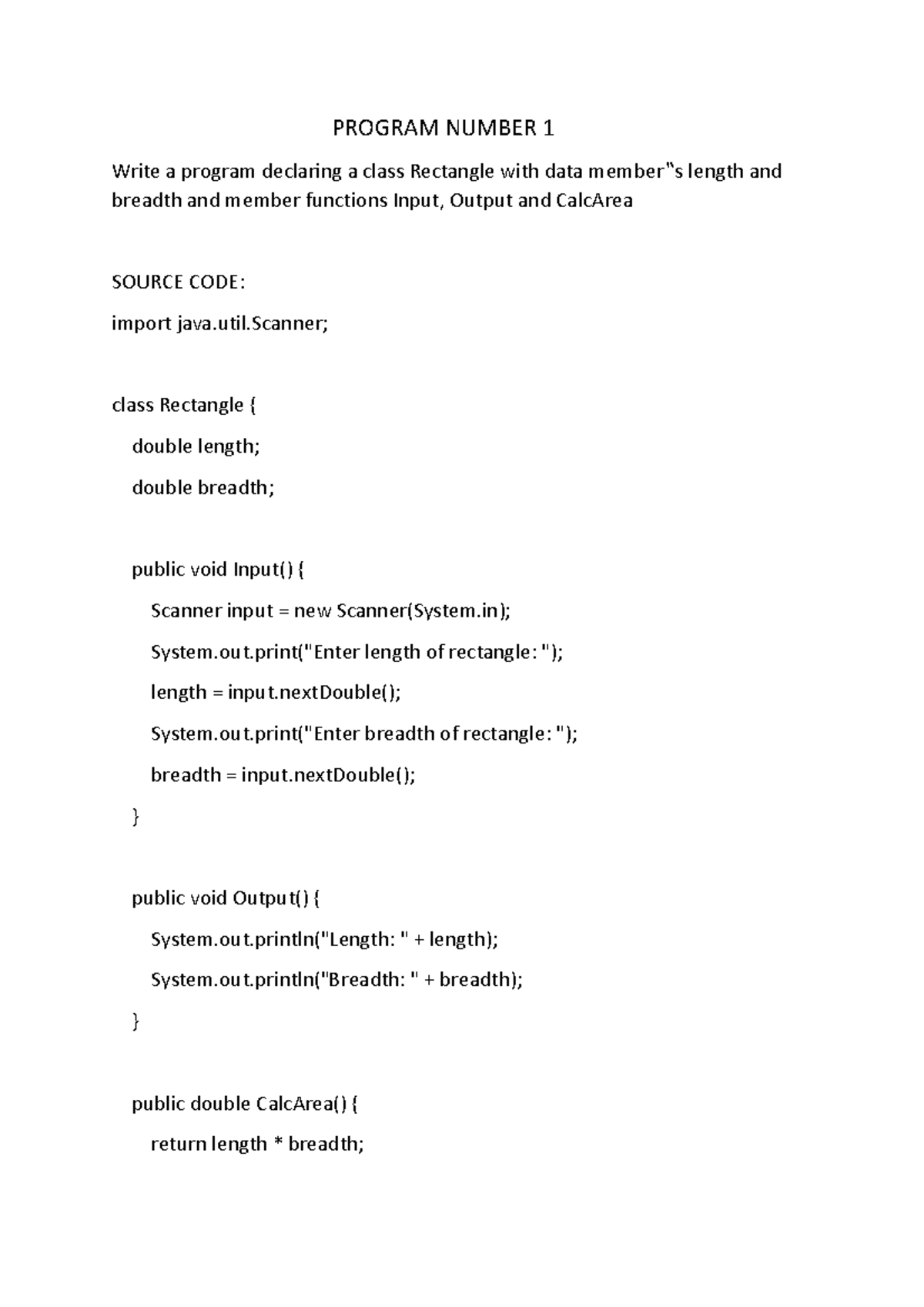 Java file - PROGRAM NUMBER 1 Write a program declaring a class ...