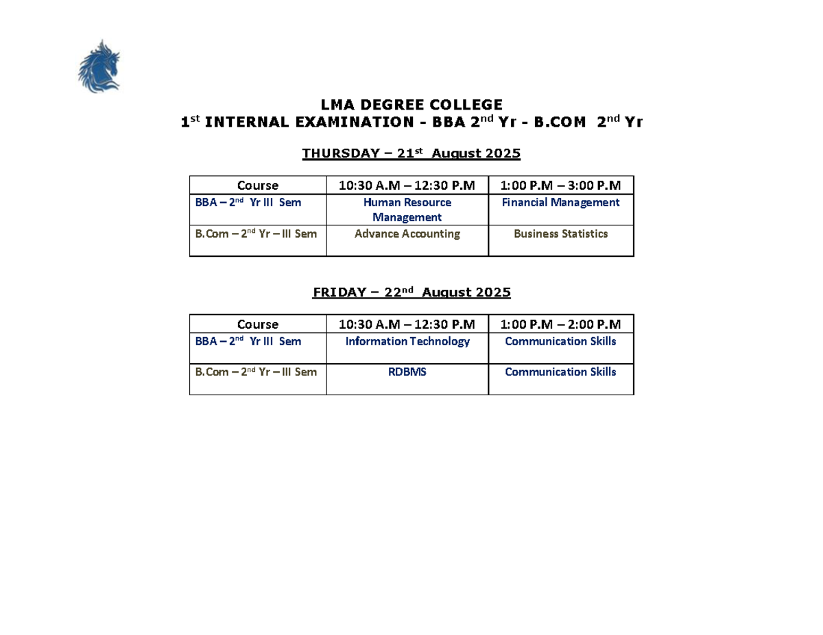 1st - Internal Exam TT - BBA-B.Com 2nd Yr - LMA DEGREE COLLEGE 1 st ...