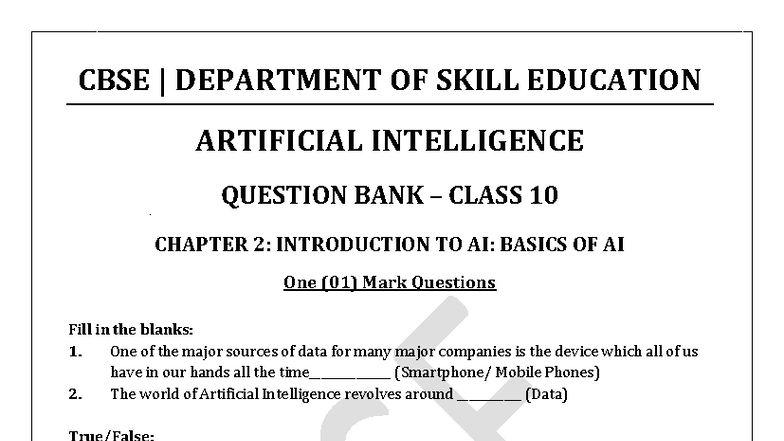 CBSE AI CLASS 10 QUESTION BANK CHAPTER 2: INTRODUCTION TO AI BASICS ...
