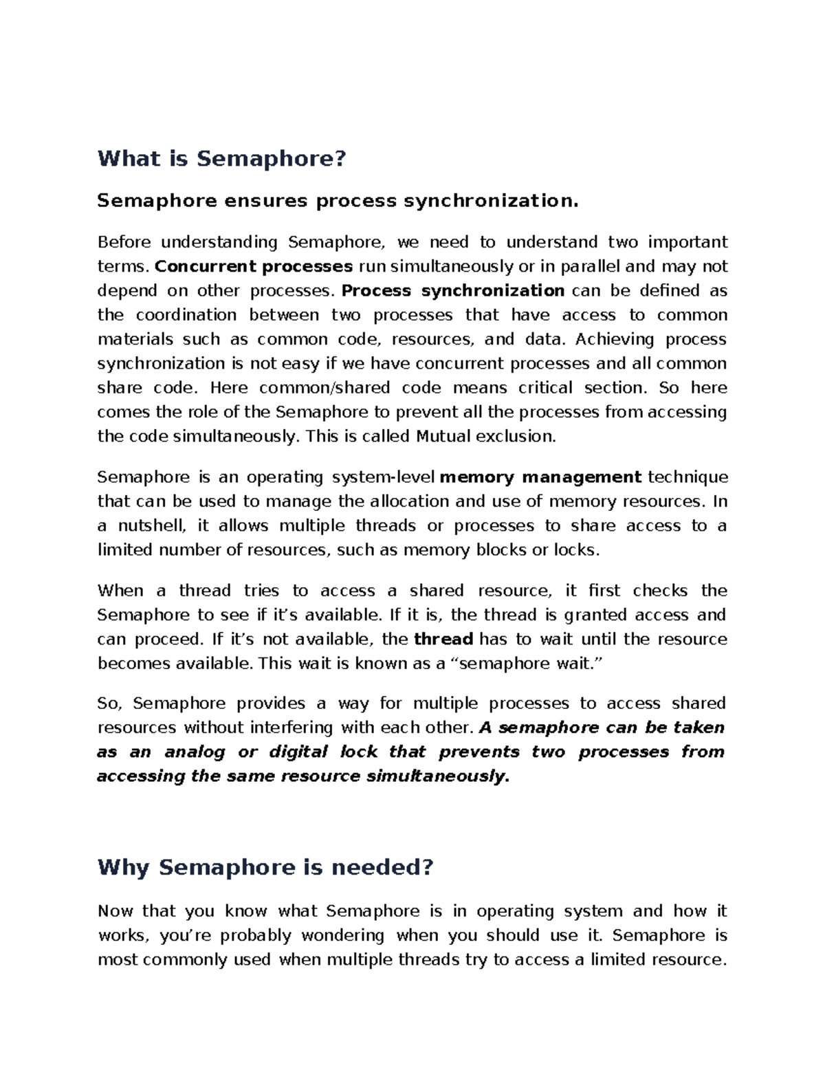Semaphore in OS - Final Exam Notes on Process Synchronization - Studocu