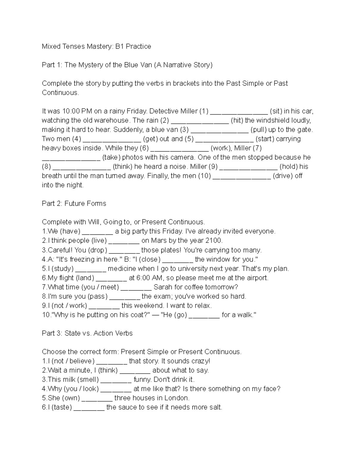 Mixed Tenses Mastery: KET Practice Part 1 - The Mystery of the Blue Van ...