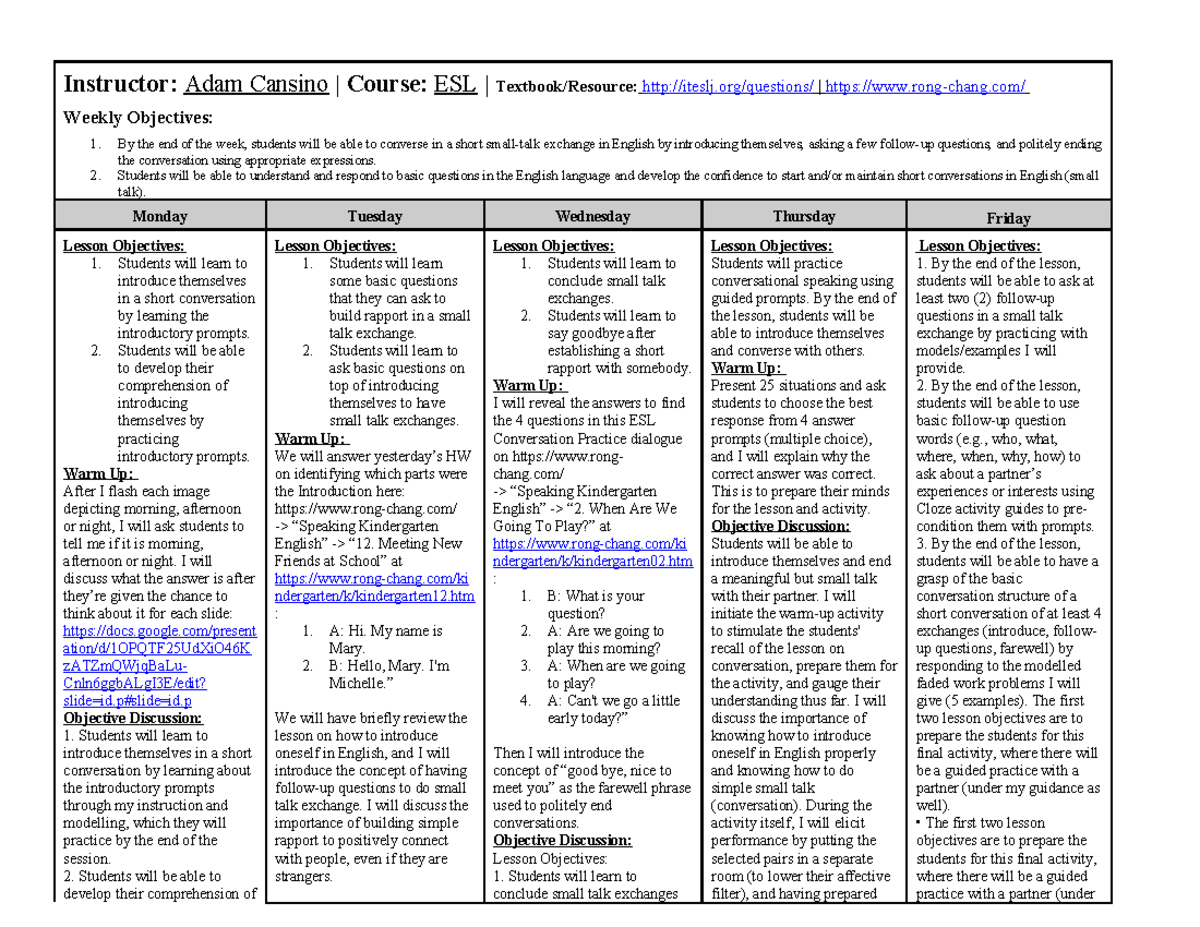 ESL 101: One Week Lesson Plan for Conversational Skills - Studocu