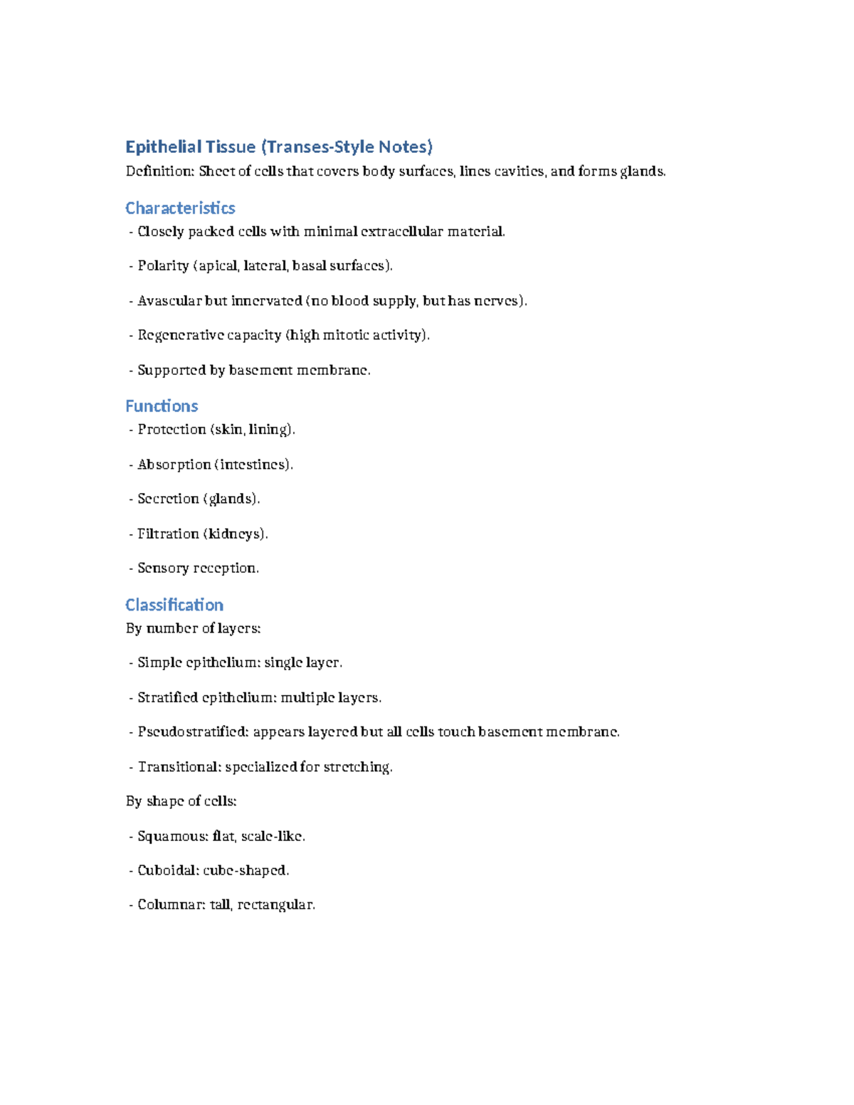 Epithelial Tissue Transes - Epithelial Tissue (Transes-Style Notes ...