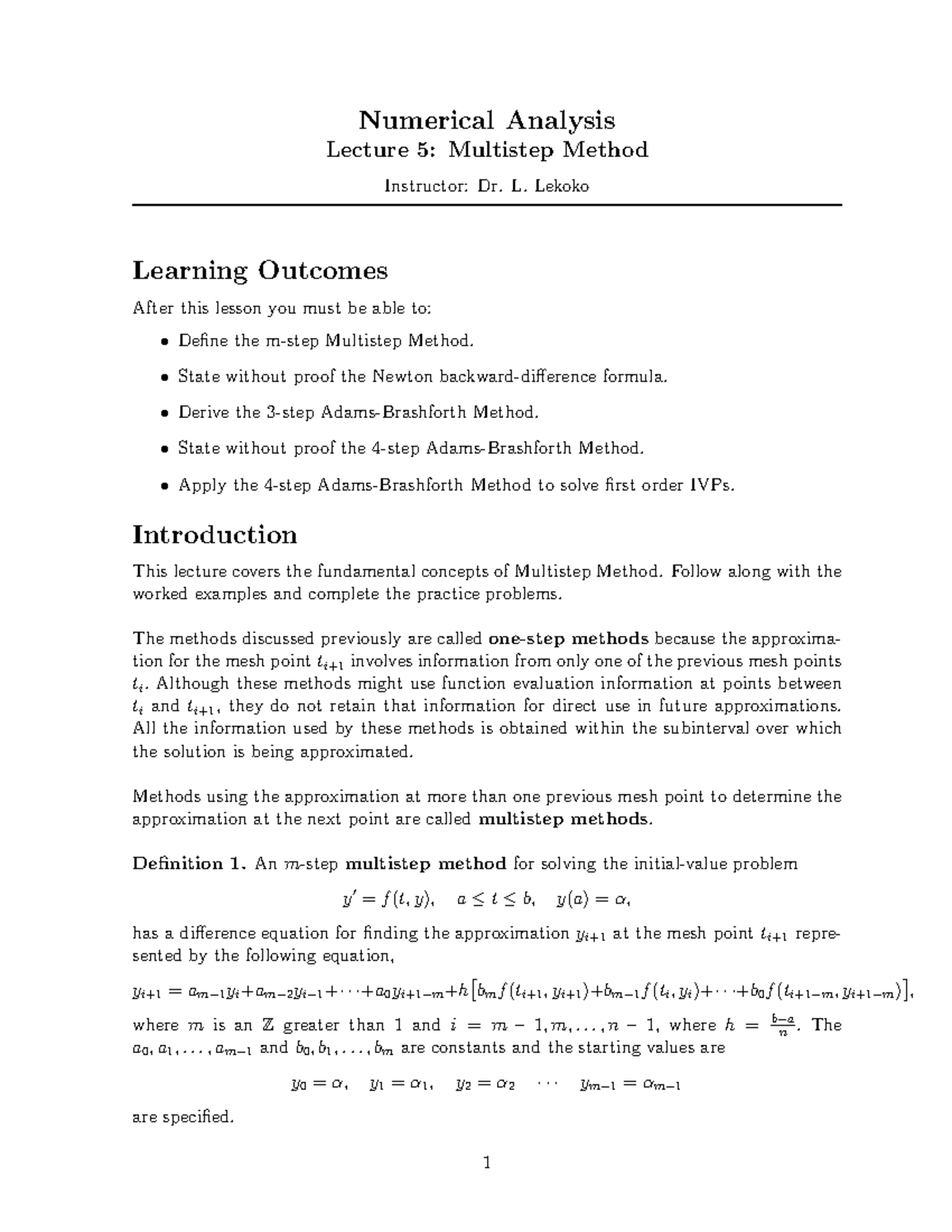 Numerical Analysis (Course Code): Lecture 5 - Multistep Method Notes ...
