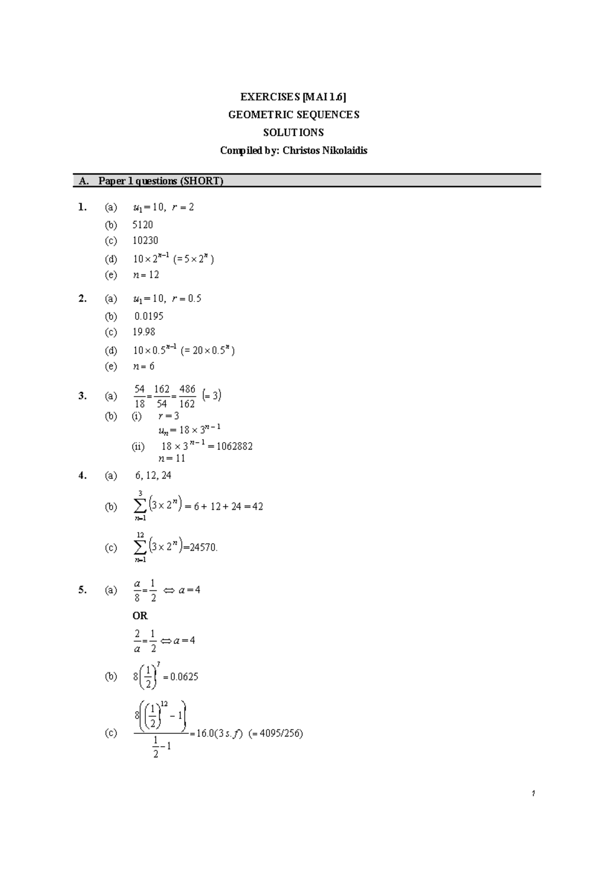 MAI 1 - Geometric Sequences Exercises Solutions - Studocu