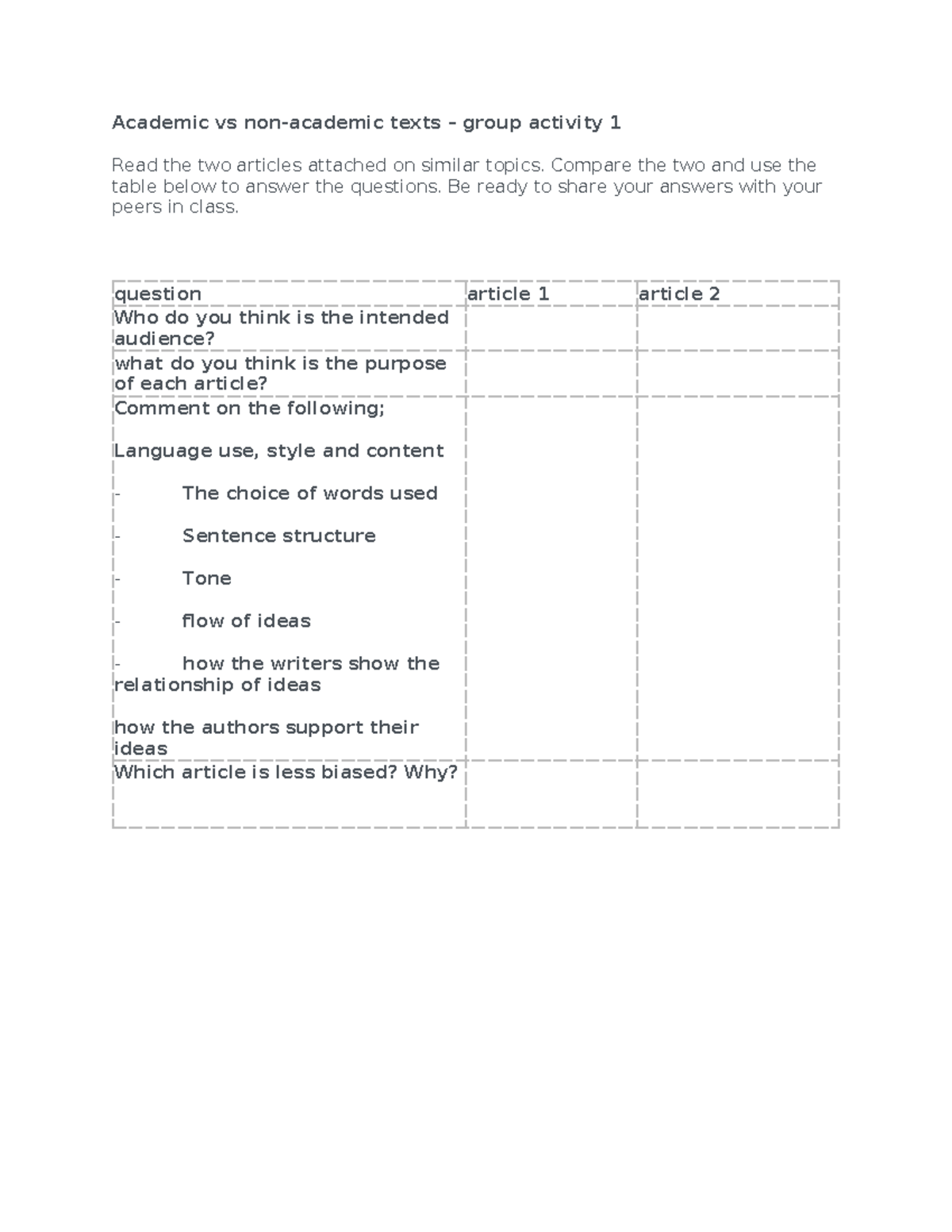 Academic vs non academic texts - Compare the two and use the table ...