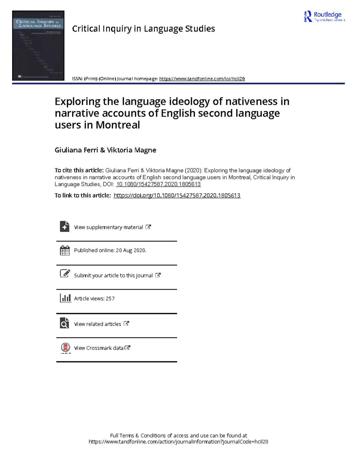 Critical Inquiry in Language Studies: Language Ideology of Nativeness ...